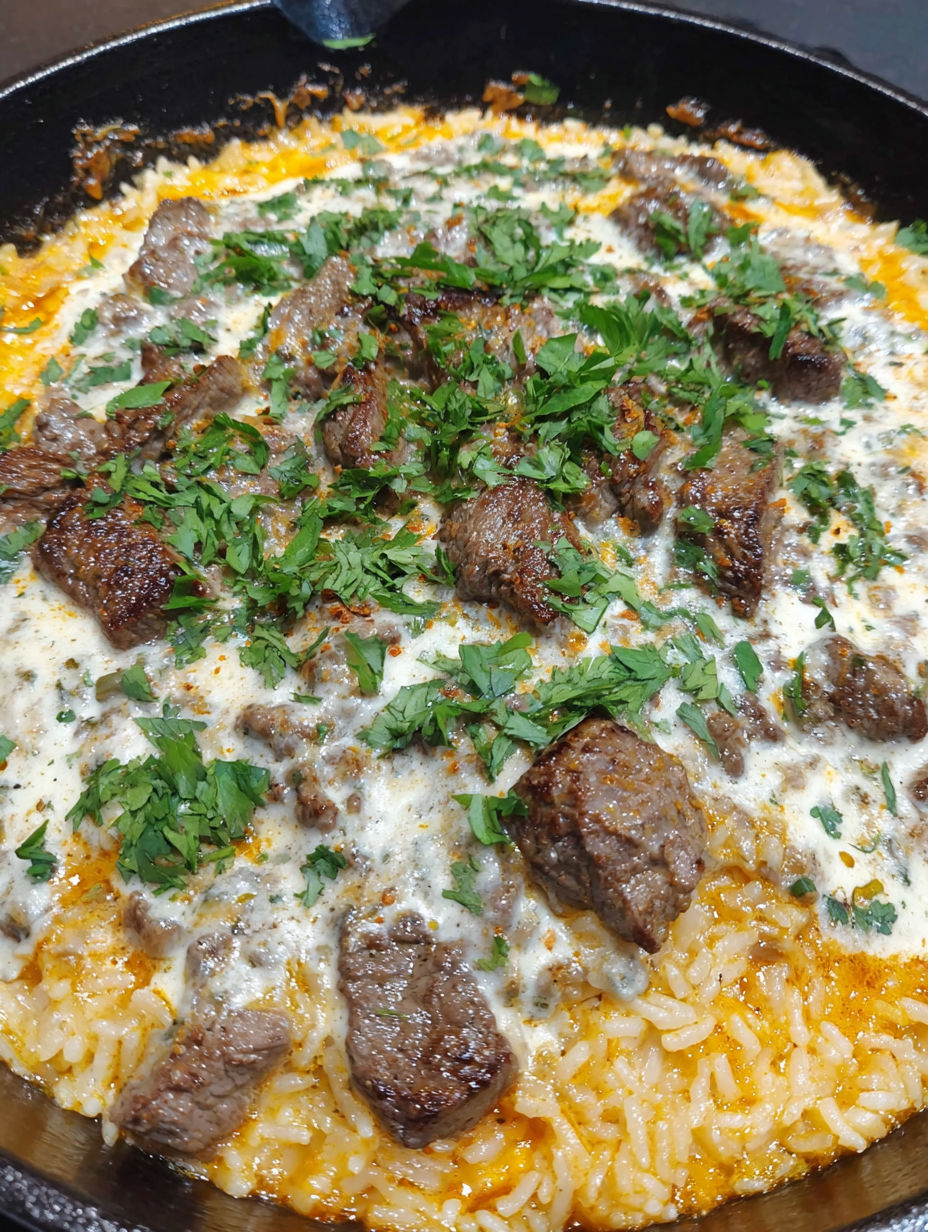 Steak Cheese and Rice Skillet with Cilantro and Queso - bakeitgood.com